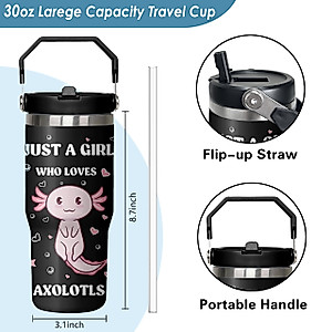 Queen Hero 30 oz Axolotls Tumbler with Handle, Large Insulated Tumbler with Flip & Straw Coffee Mug Cup Stainless Steel Gifts for Women Men Youth
