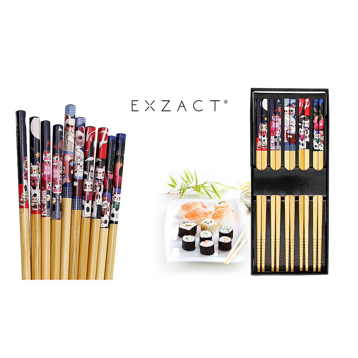 Exzact Chopsticks Gift Set - 5 Pairs of Reusable Natural Bamboo Chopsticks in a Beautiful Black Handmade Box - Decorated Japanese Lucky Cat/Fortune Cat Style