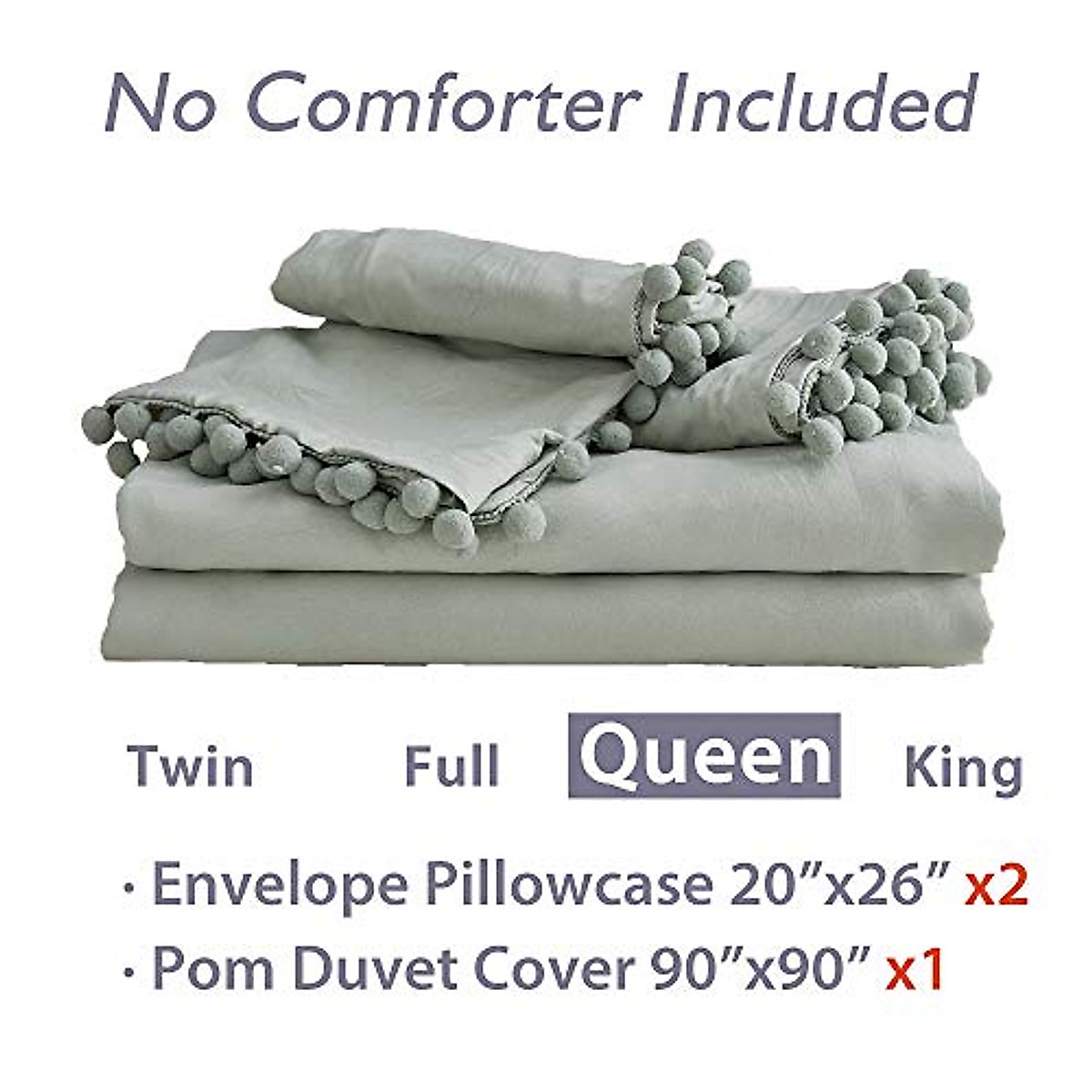 Andency Pom Pom Fringe Duvet Cover Queen Size (90x90 Inch), 3 Pieces (1 Solid Sage Green Duvet Cover, 2 Pillowcases) Soft Washed Microfiber Duvet Cover Set with Zipper Closure, Corner Ties