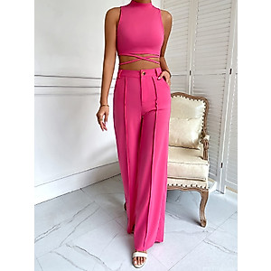 MakeMeChic Women's 2 Piece Outfits Mock Neck Criss Cross Crop Tank Top and Wide Leg Pants Set Hot Pink L