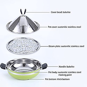 BAMFY Stainless Steel Moroccan Tagine Pot for Cooking Heighten 28cm Cone-Shaped Lid Nonstick Tajine Pot Steamer Casserole with Steamer