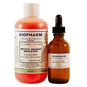 Methyl Orange Indicator 0.1% w/v Aqueous Solution| 250 mL | Includes a 50 mL Empty Dropper Bottle and Dispensing Cap | pH 3.2 (Red) - pH 4.4 (Yellow)
