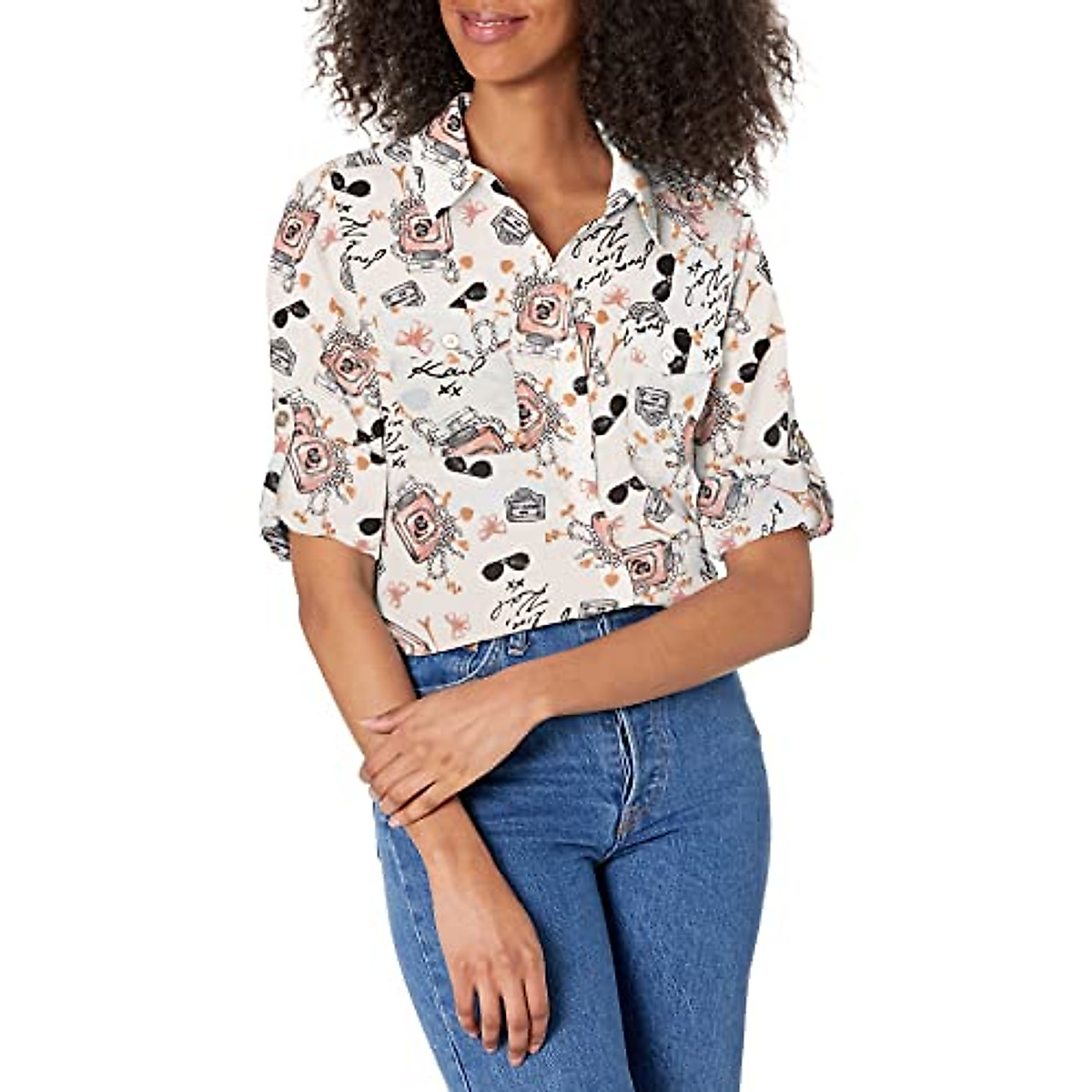 Karl Lagerfeld Paris Women's Long Sleeve Whimsical Blouse, Soft White Multi, X-Large