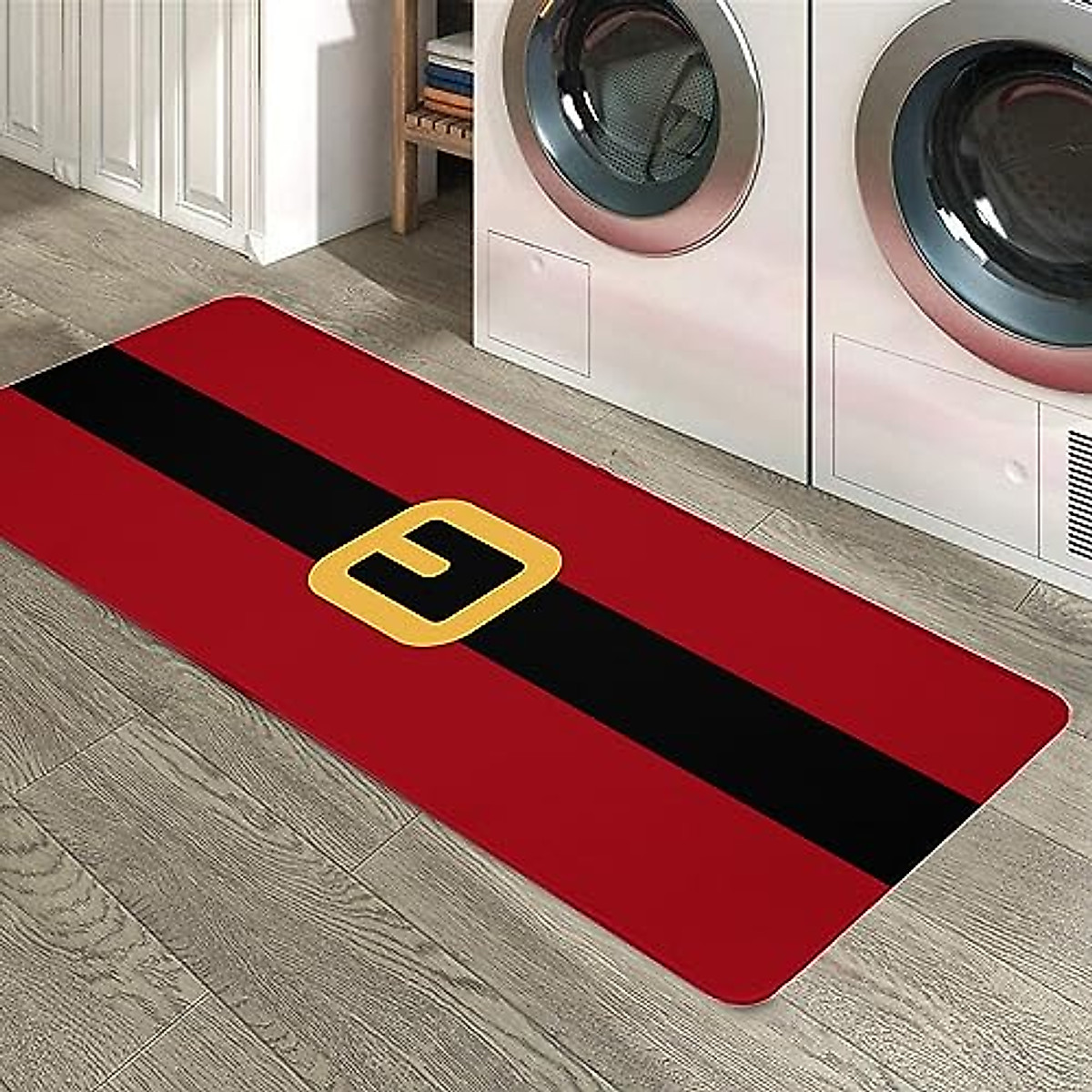 LAMANDA 2 Pieces Kitchen Rugs Set Christmas Santa Claus Belt Area Rug,Absorbent Bath Mats Soft Doormat Floor Mat Red Black Yellow Block,Non-Slip Cushion Standing Mats