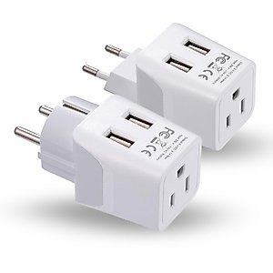 Ceptics Europe Travel Adapter Plug Set Schuko - with 2 USB + USA Socket Input - Type E/F and Type C - Ultra Compact - Safe Grounded Perfect for Cell Phones, Laptops, Camera Chargers (CTU-9-9C-PK)