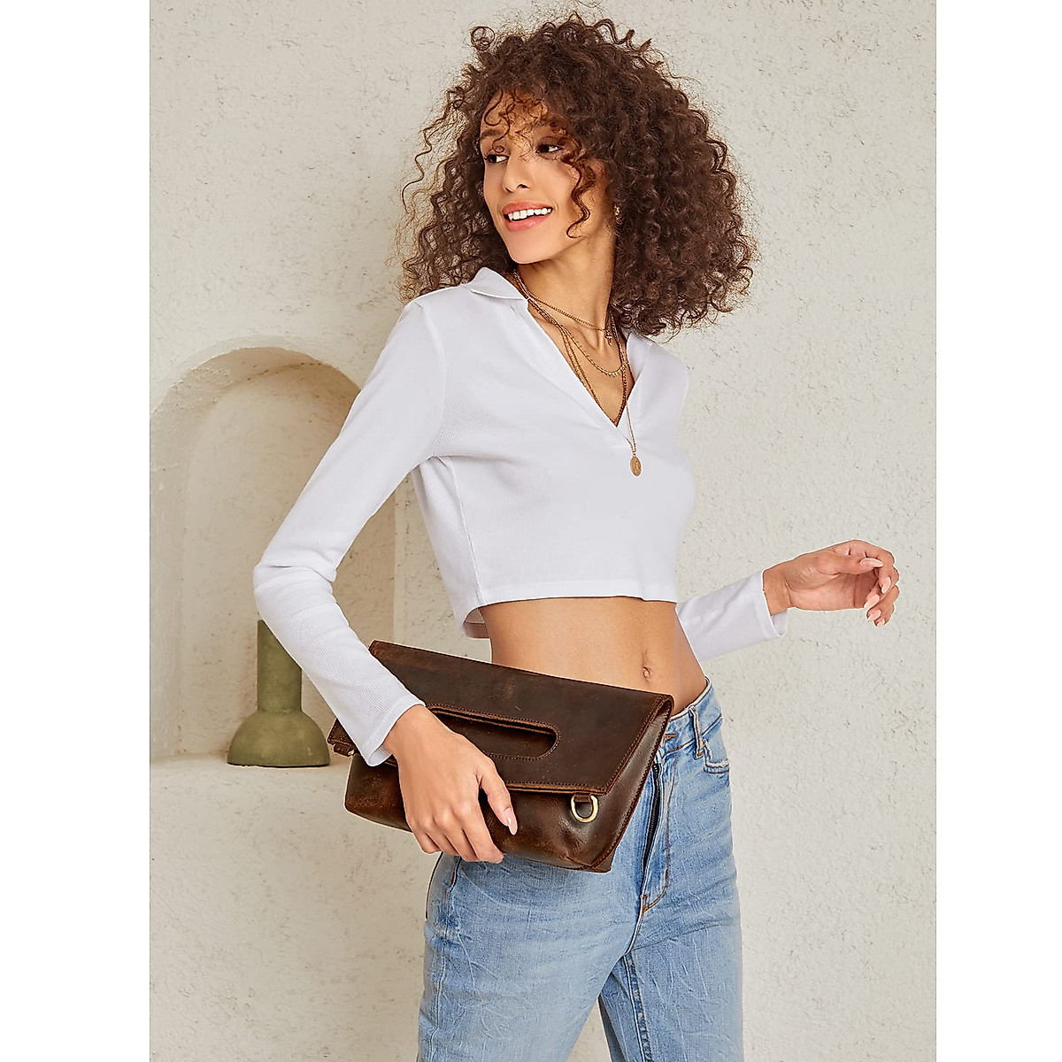 S-ZONE Women Vintage Genuine Leather Crossbody Bag Distressed Foldable Clutch Top Handle Handbag Purse