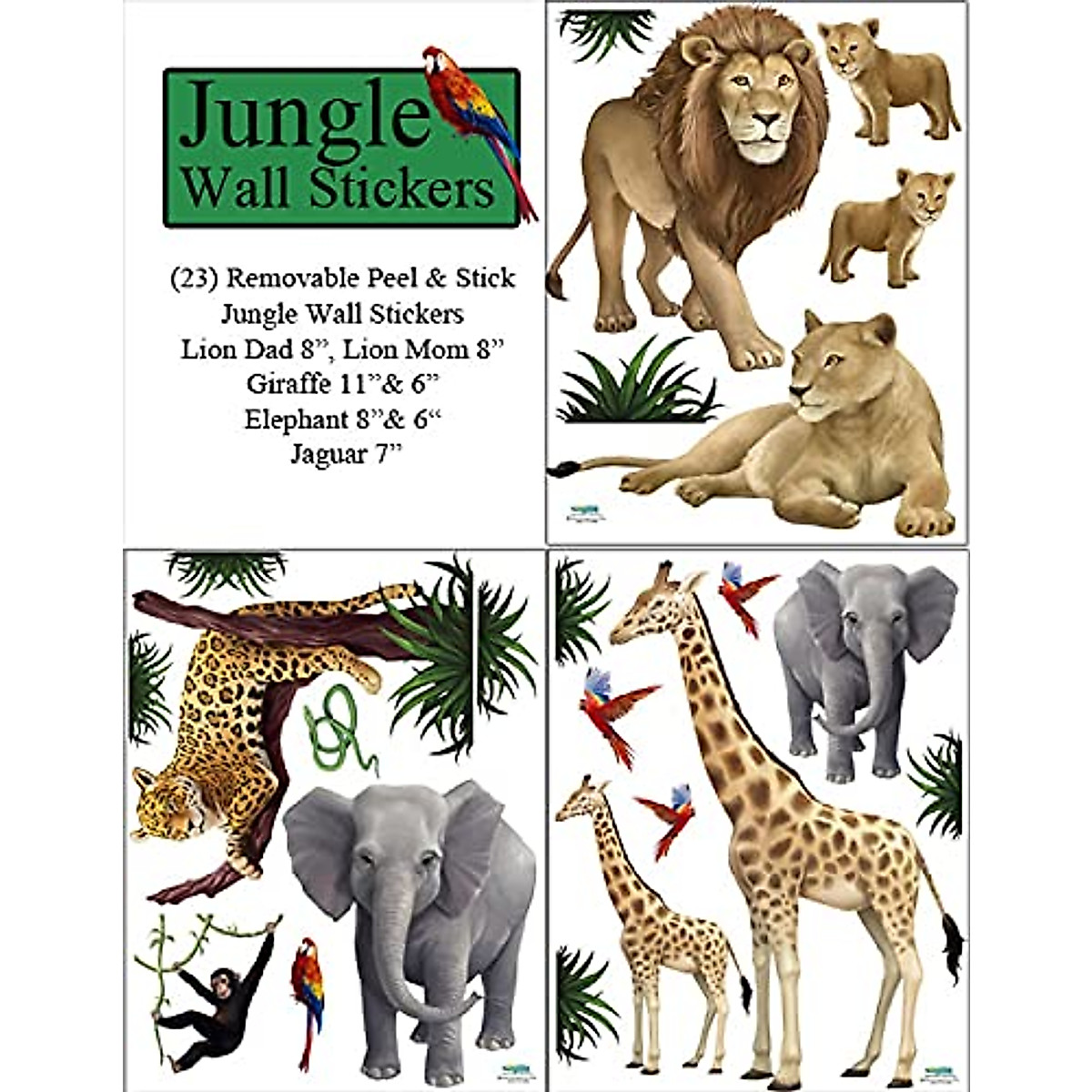 Small Jungle Animal Wall Decals (23) Lion, Elephant, Giraffe, Jaguar, Monkey Peel & Stick Wild Jungle Safari Theme Ideas Kids Room Decor Wall Stickers Birthday Decoration