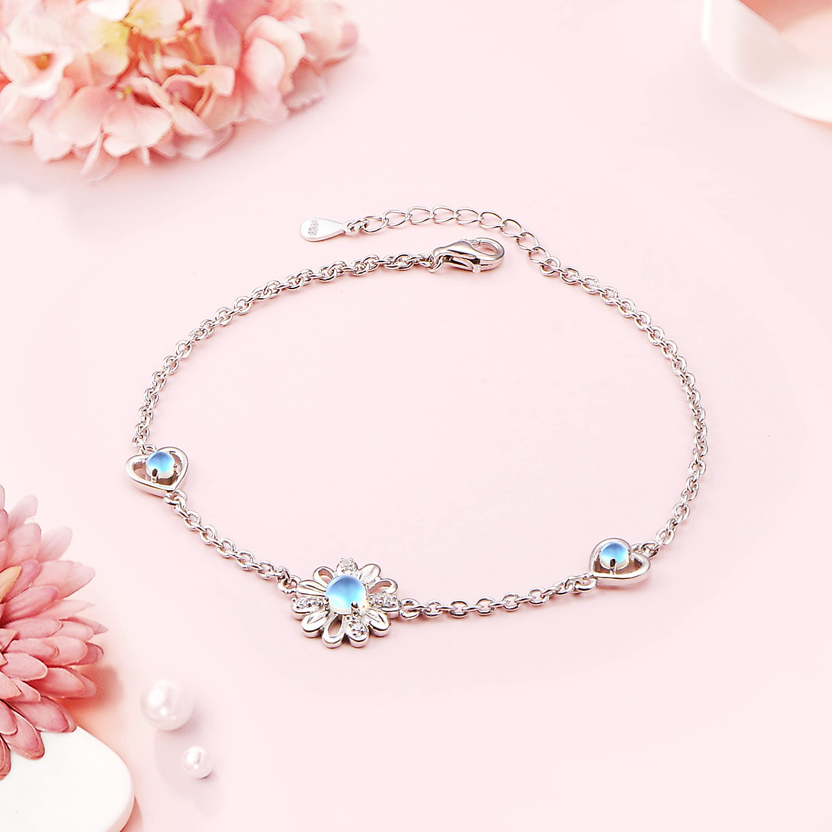 Yearace Sterling Silver Daisy Bracelets for Women, Created Moonstone Daisy Flower Bracelet Jewelry Gift, Adjustable Chain 7+2"