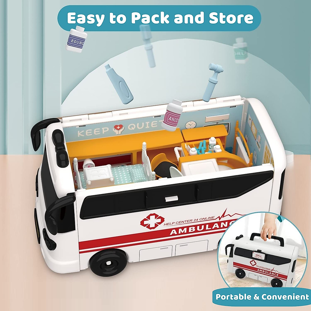 Dollhouse Playset for Girls - Kids Pretend Play Doll House Toy Doctor Kit Hospital Accessories, Portable Critter Doll Ambulance Bus Toys for Toddlers Boys Girls Birthday Gifts 3 4 5 6 Year Old