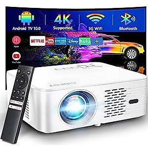 4K Support Android TV 10.0 Projector 5G WiFi Bluetooth Native 1080P, CIBEST Full-Sealed Optical Engine Home Movie FHD Projector with Netflix/Prime Video Built-in, 8000+ Apps, Autofocus, Stereo Sound