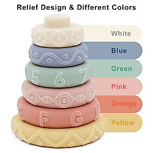 MARUMINE 6PCS Stacking Cricle Toys, Nesting & Building Rings Stacker, Soft Silicone Squeeze Teethers Play Set, Early Educational Learning Stacking Tower for 6+ Months Baby Boys Girls