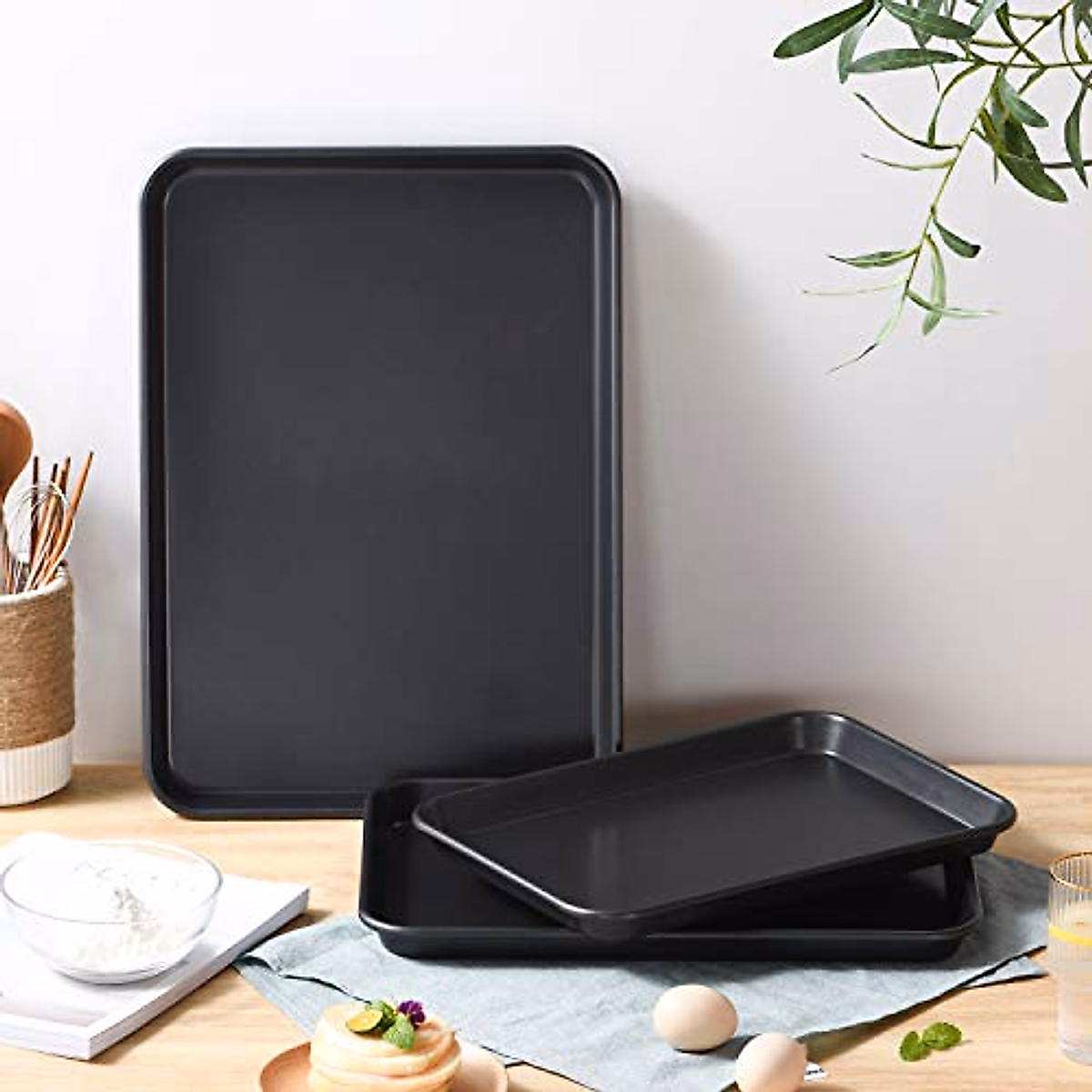 S·KITCHN Bakeware Set, Nonstick Black Cookie Sheets for Oven, Half/Jelly Roll/Quarter Baking Trays, Commercial Grade Baking Pan Set, Dishwasher Safe - 3 Pieces