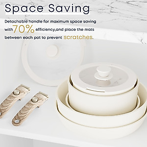 Caannasweis Detachable Nonstick Cookware Set - Stackable Induction Pots and Pans With Removable Handles, Dishwasher Safe - For RV Camping, Oven and Stovetop Use, 5 Pieces (5 Pots Beige)
