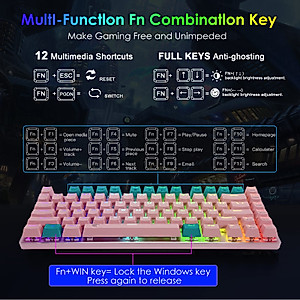 HUO JI E-Yooso Z-88 RGB Mechanical Gaming Keyboard, Red Switches, 60% Compact 81 Keys Hot Swappable for Mac, PC, Cute Pink