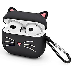 Mouzor Cute AirPods 3 Case (2021), Black Whisker Cat AirPods 3rd Generation (2021) Case Funny 3D Cartoon Animal Shockproof Soft Silicone Charging Case Cover with Carabiner for Kids Girls Boys Women