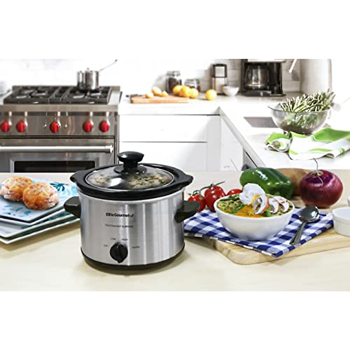 Elite Gourmet MST-250XS Electric Slow Cooker Ceramic Pot, Adjustable Temp, Entrees, Sauces, Stews & Dips, Dishwasher Safe Glass Lid & Crock, 1.5 Quart, Stainless Steel