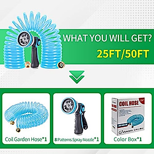 Yereen Coil Garden Hose 25FT, EVA Recoil Garden Hose, Transparent Self-coiling Water Hose with 3/4" Brass Connector Fittings with 10 Function Spray Nozzle, Blue