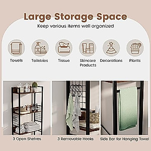 Giantex Over-The-Toilet Storage Shelf, 3-Tier Bathroom Space Saver with 3 Hooks, Industrial Tower Rack for Restroom, Kitchen, Freestanding Bathroom Organizer (Rustic Brown)