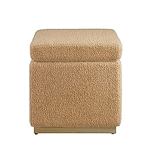Linon Tan Lexington Sherpa Upholstered Square Storage Ottoman with Pine Wood Accent