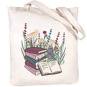 Haukea Book Cute Canvas Tote Bag with Inner Pockets Aesthetic Flower Tote Bags Graphic Reusable Tote Bag for Women Teacher Mother Gifts Tote