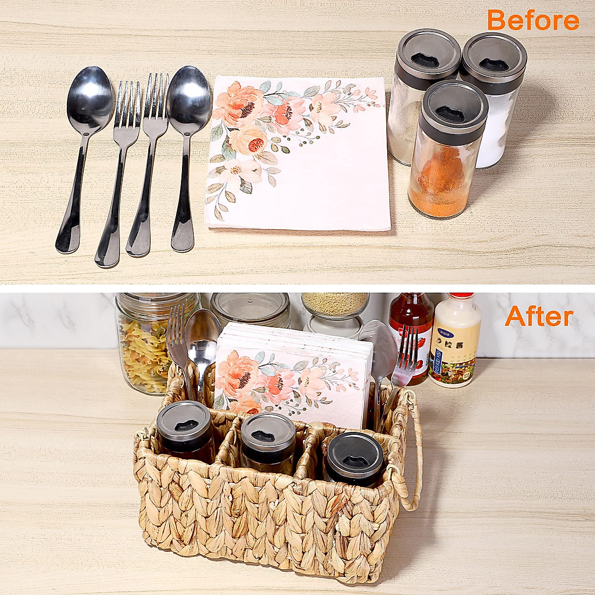 Sumnacon Water Hyacinth Utensil Holder,Farmhouse Flatware Silverware Organizer Countertop for Spoon Fork Knife,Rustic Utensil Caddy for Kitchen,Picnic,Party,Countertop