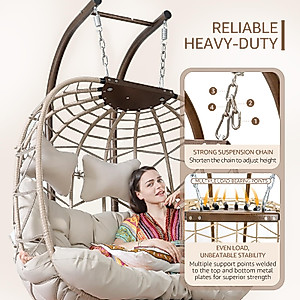 NICESOUL® Indoor Outdoor 2 Person Egg Chair Double Swing Chair with Stand Large Cream Wicker Patio Twins Basket Hanging Egg Chair with Cover 510lbs Capacity for Bedroom Balcony Oversized