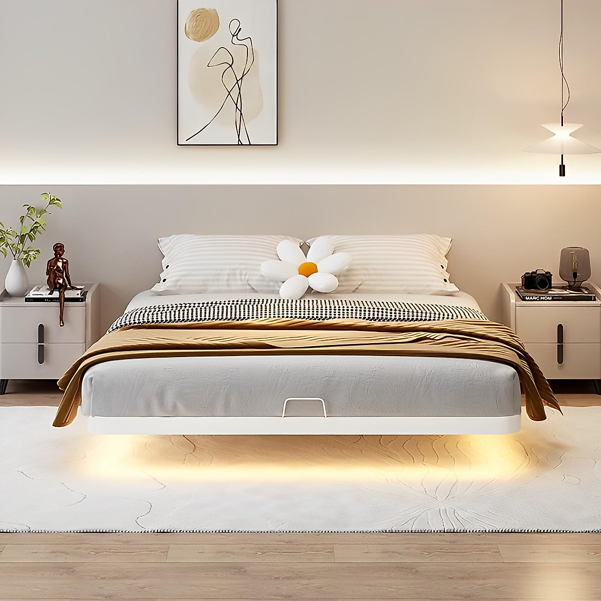 OSCHF Floating Metal Bed Frame - Queen Size Modern Platform with Smart LED Lights, Heavy Duty Bed Mattress Foundation, No Box Spring Needed, Warm White