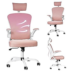 Dvenger Office Desk Chairs with Wheels and Flip up Arms Headrest, Executive Office Chairs Clearance, Height Adjustable Ergonomic Mesh Office Chair for Home Office, Pink