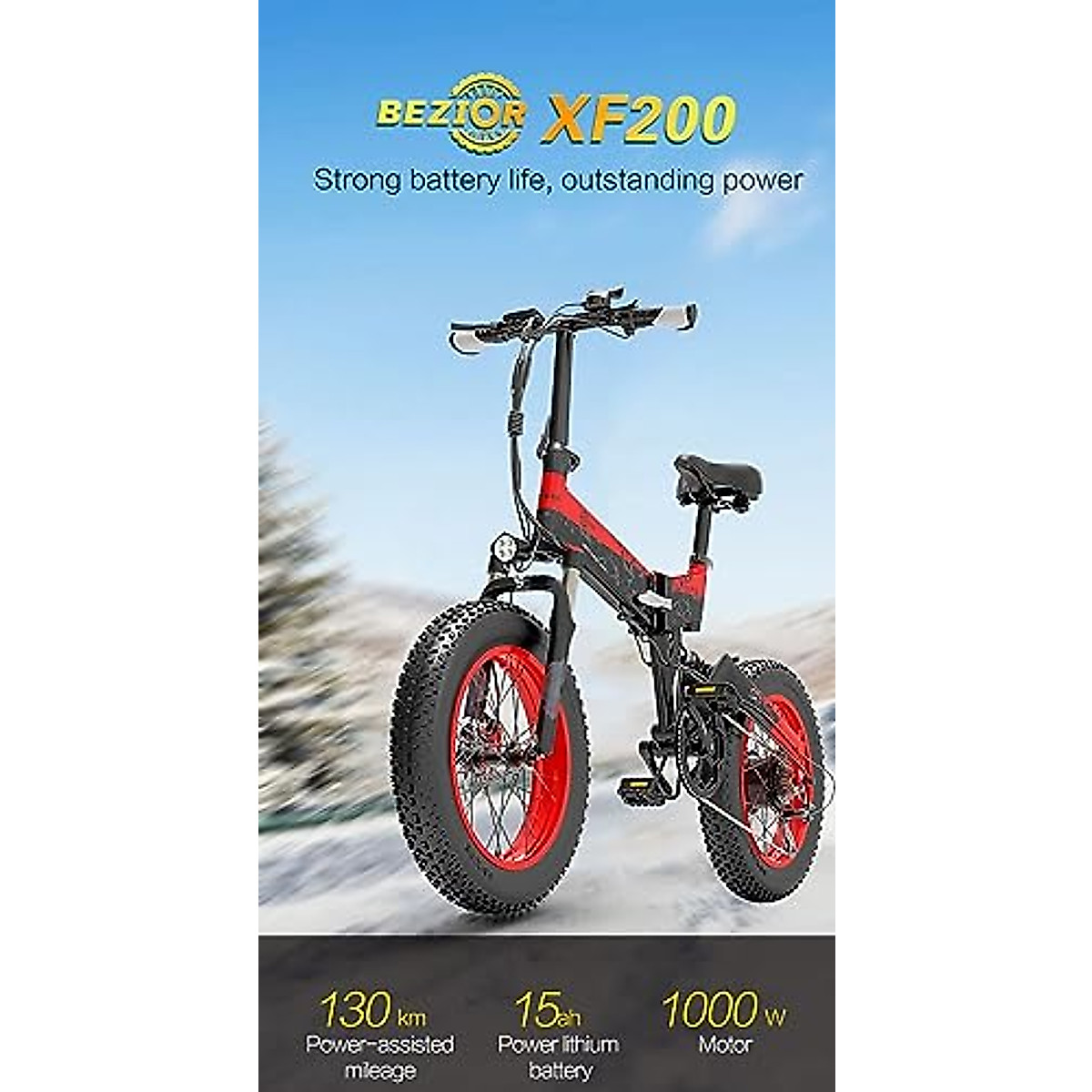 Bezior Electric Bike XF200 for Adults, Foldable 20" x 4.0 Fat Tire Electric Bicycle, 1000w Motor 48V 15Ah Removable Lithium Battery, 25MPH Electric Mountain Bike, Suspension Fork, 7 Speed Gear