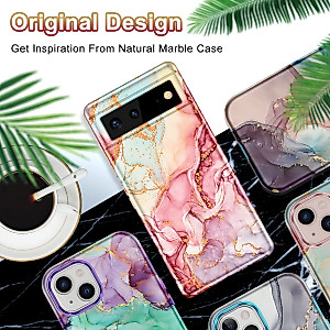 Btscase for Google Pixel 6 Case, Gold Glitter Bling Marble Pattern Hard PC Slim Fit Shockproof Full Body Rugged Drop Protective Women Girls Cover Cute Case for Google Pixel 6 (2021), Rose Gold