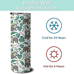 20 oz Sloth Skinny Tumblers with Lid and Straw, Sloth Stainless Steel Vacuum Insulated Travel Coffee Mug Cup Water Bottle, Sloth Decor Stuff Accessories, Gifts for Women Girls Sloth Lover