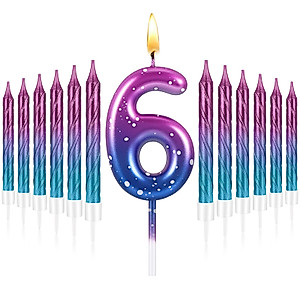 Landhoow 2.36 Inch Birthday Candles Purple to Blue Gradient Candle with 12 Pcs Gradient Spiral Candle for Baby Birthday Cake Topper Anniversary Wedding Party Decor (Number 6)