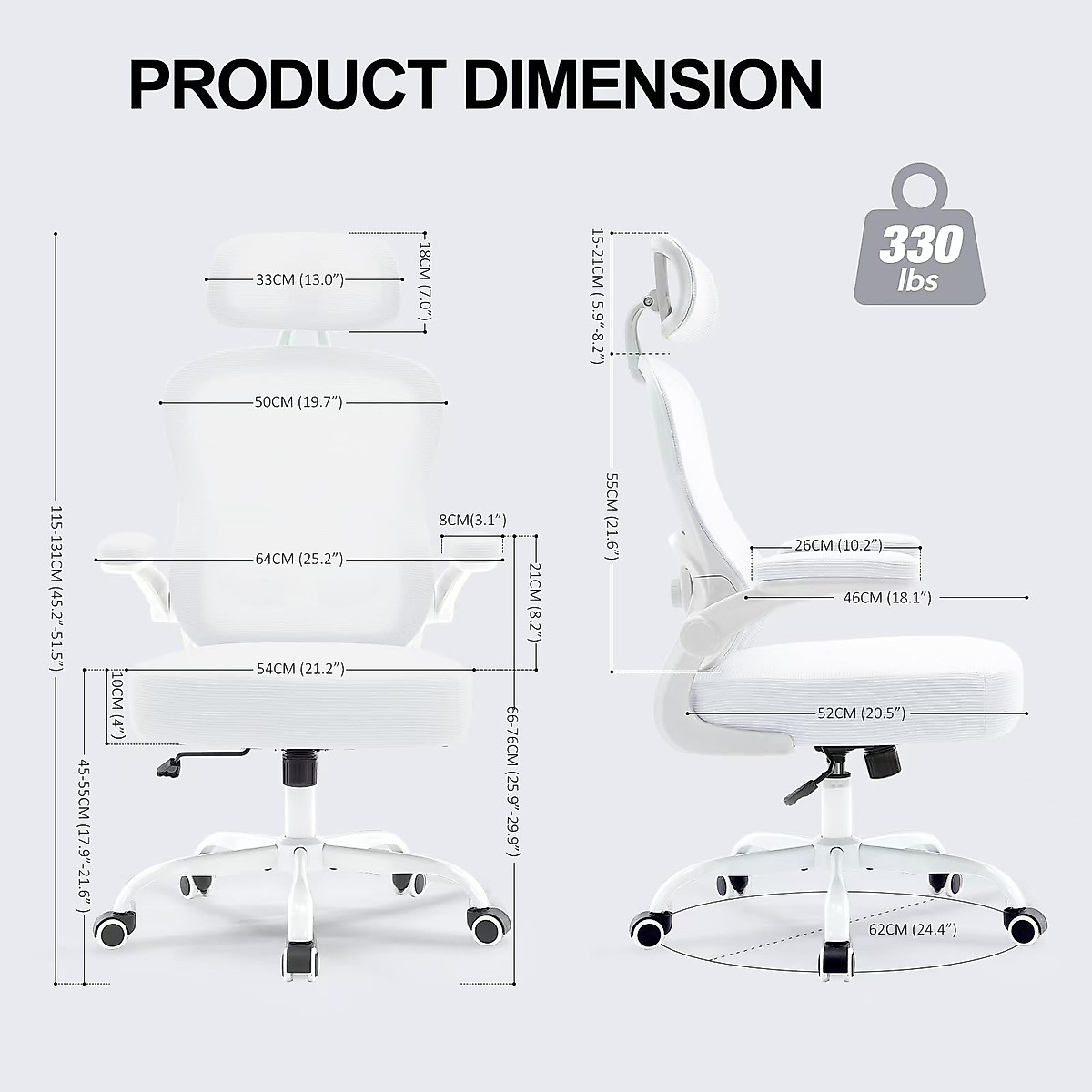 TUKAKA Ergonomic Office Chair,Ultra Thick Office Desk Chair with Adjustable Lumbar Support and Headrest,Spring Cushion,Rocking Function,Flip-up arms,Mesh Computer Chair for Home Office,White