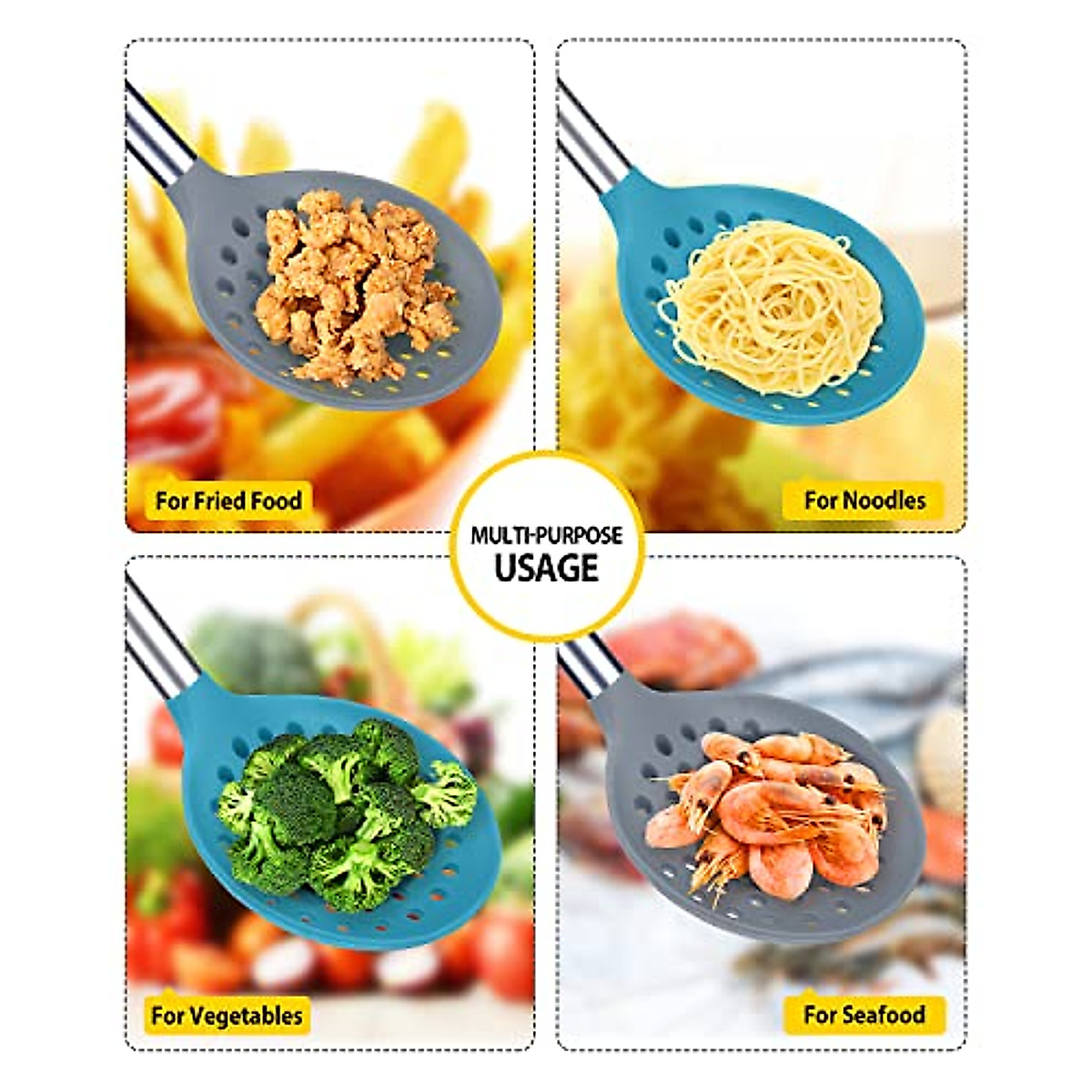 Kitchen Ladle Strainer Set of 2 Large Slotted Spoon with High Heat Resistant BPA Free Non Stick Cooking Skimmers For Draining & Frying (Grey and Teal Blue)