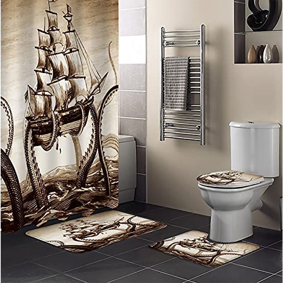 BestLives 4 Pcs Shower Curtain Sets with Rugs Pirate Boat Non-Slip Soft Toilet Lid Cover for Bathroom Ocean Animal Kraken Octopus Bathroom Sets with Bath Mat and 12 Hooks
