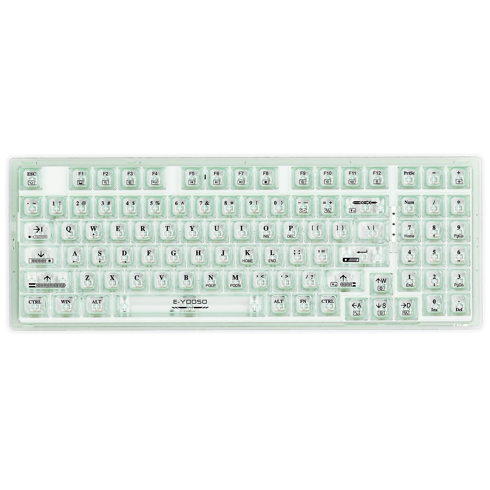 HUO JI Mechanical Gaming Keyboard USB Wired Compact with Clear Keycaps, RGB Side-Lit, Single Led Backlit, Number Pad, White Switch, Detachable Type C Cable, 94 Keys for PC/Computer/Laptop