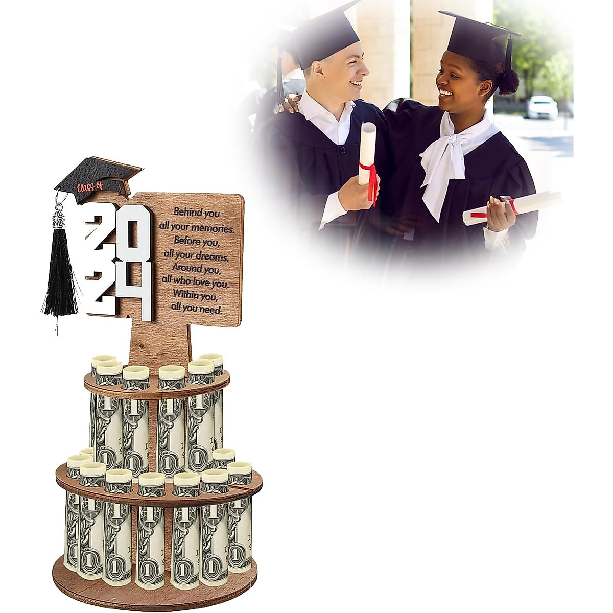 2024 Graduation Gift Money Holder - Class of 2024 Graduation Gifts for Him Her, Graduation Money Cake Stand 2024 Double-Layer Graduation Cash Holder with 25 Holes(WHITE)
