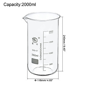 PATIKIL 2000ml Tall Form Glass Beaker, 3.3 Borosilicate Glass Graduated Printed Scale Measuring Cups with Spout for Kitchen Lab Liquids Transit Boiling