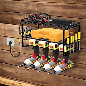 Grandhom Power Tool Organizer,Cordless Drill Rack Wall Mount,Drill Holder with 4 Drill Hanging Hooks,3 layers Metal Drill Storage Rack with Screwdriver Holder and Pliers Rack,Black