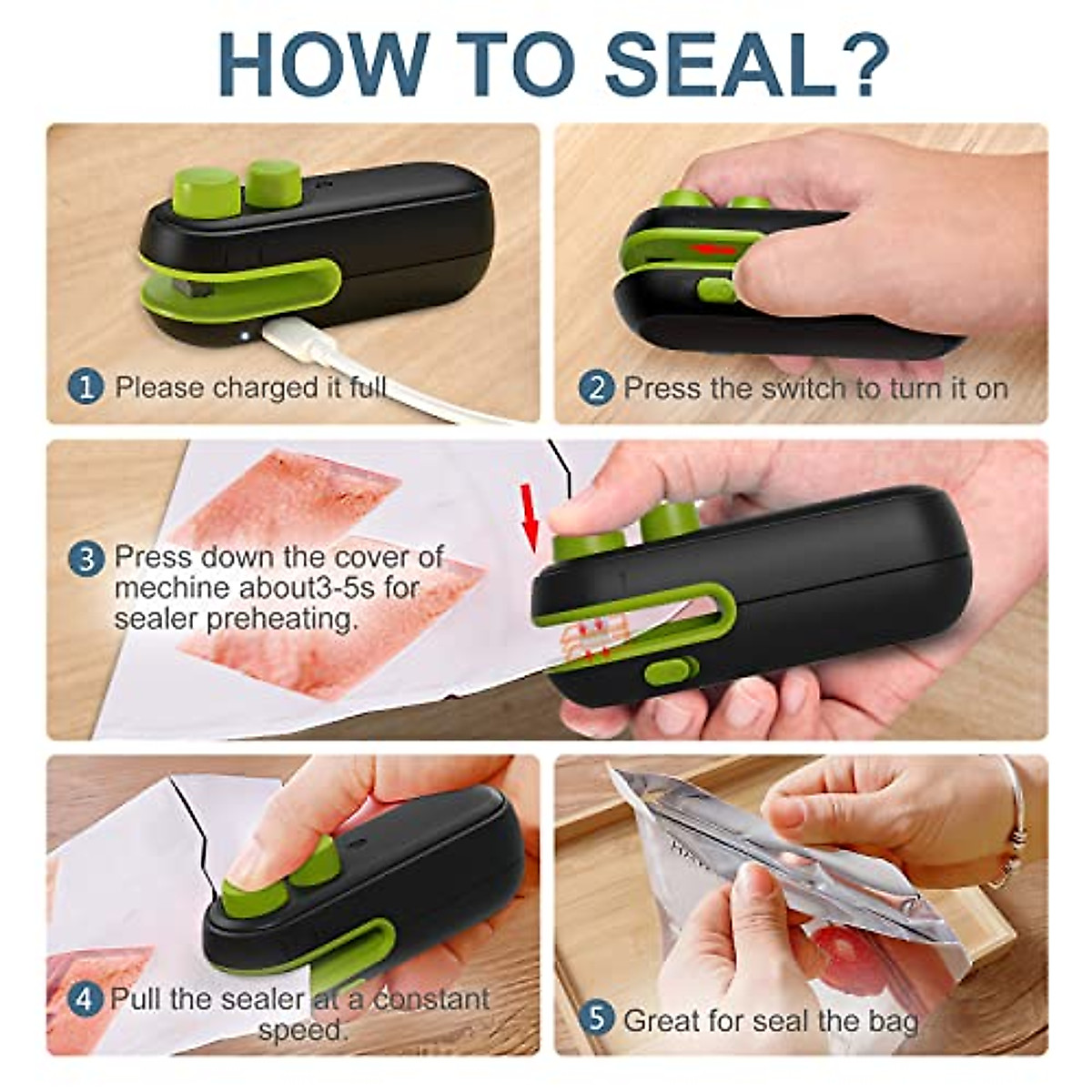 Ankilo Mini Bag Sealer, Handheld Heat Sealer, 2 in 1 Plastic Bag Sealer, Portable Heat Vacuum Sealer, Rechargable Mini Sealing Machine, for Plastic Bags Chip Bags Food Storage, Black