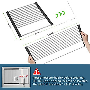 DMJWAN Roll Up Dish Drying Rack,Foldable Sink Rack with 2 Storage Baskets, Rollup & Stretchable,SUS304 Stainless Steel , for Kitchen Dishes,（Expandable Size22.8" X 12.7"）