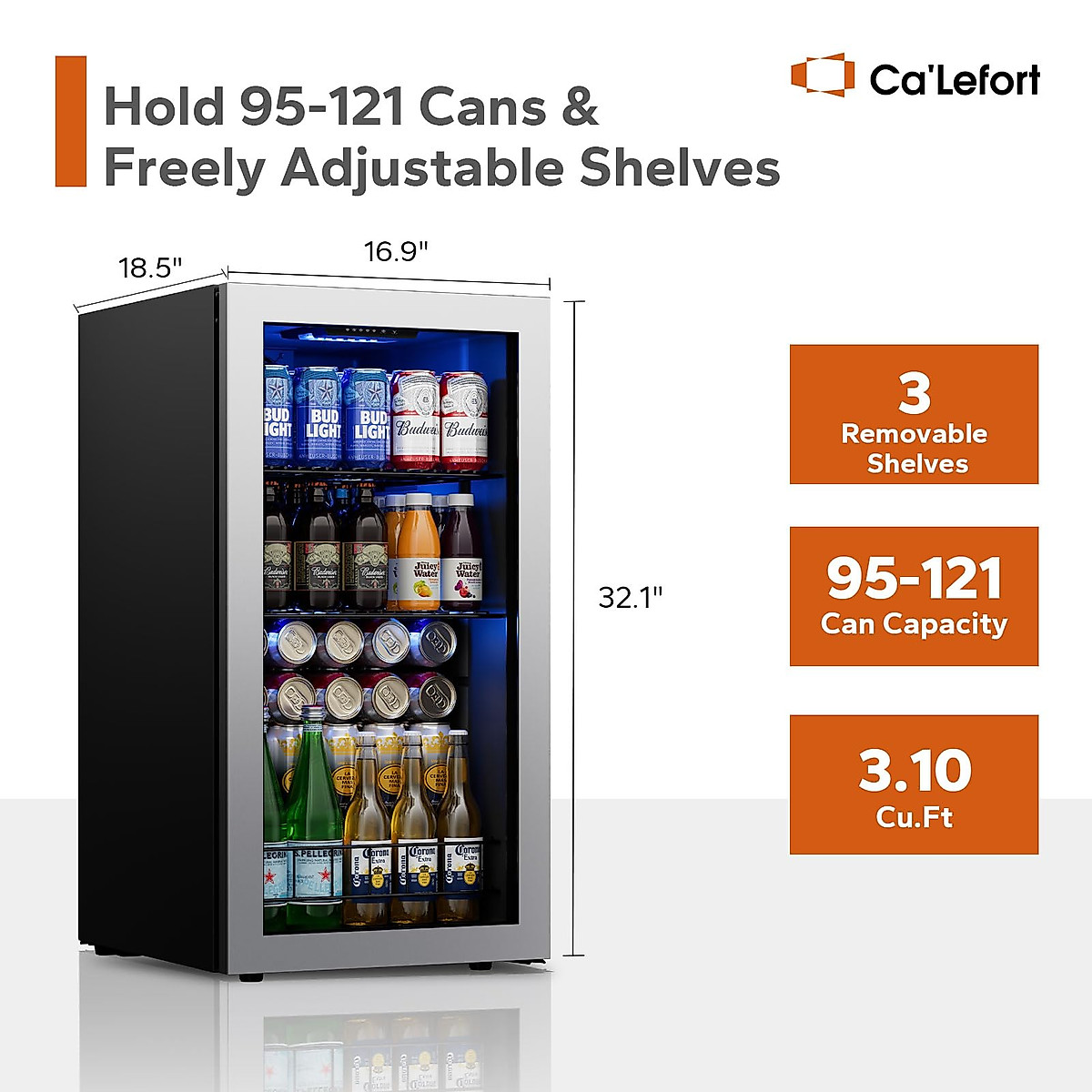 Ca'Lefort Beverage Refrigerator, 121 Can Mini Fridge Glass Door for Beer Soda 38-68°F, Freestanding/Under Counter Beverage Cooler for Bedroom/Office/Bar, 3 Adjustable Shelves(3.11 Cu.Ft)