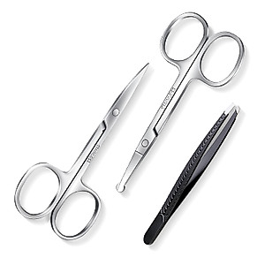 Facial Hair Small Grooming Scissors for Men Women-Curved and Rounded Nose Hair, Eyebrow, Mustache, Eyelashes, Beard Trimming Scissors Kit-Safety Blunt Tip Baby Nail Scissors with Eyebrow Tweezers Set
