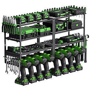 Sixfivsevn Power Tool Organizer, 8 Drill Holder Wall Mount, 4 Layers Garage Tool Organizers and Storage Rack, Heavy Duty Metal Tool Shelf with Hooks/Screwdriver Holder/Plier Holder/Hammer Holder