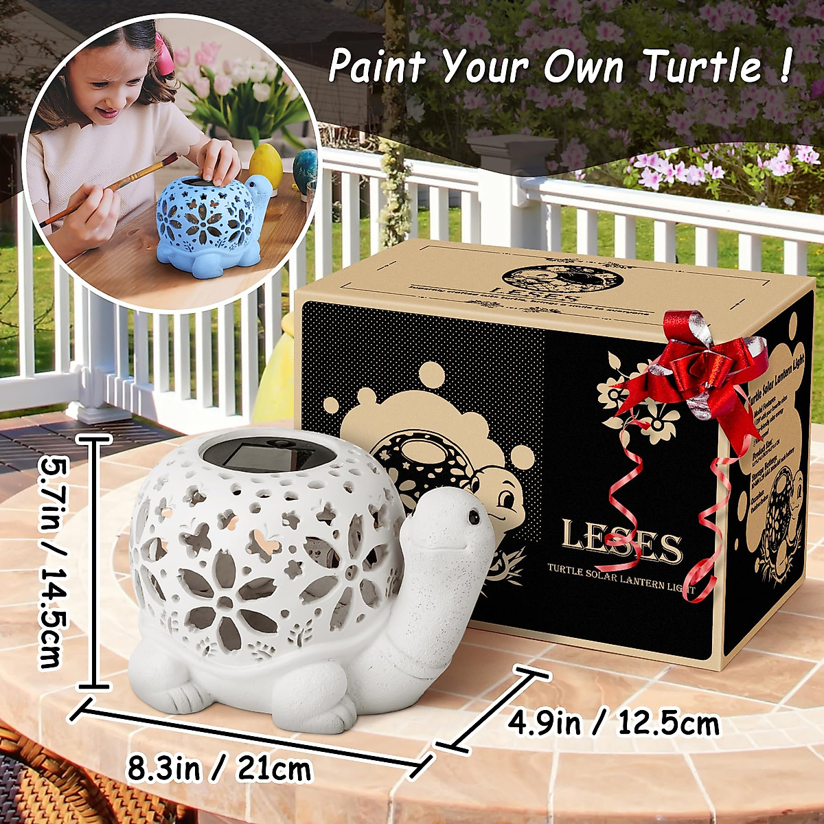 LESES Solar Lantern Lights, Turtle Outdoor Lantern with Waterproof LED Garden Light, Decorative Lanterns Table Lamp for Patio Yard Garden Decor Outside Clearance Gifts for Birthday Grandma - White