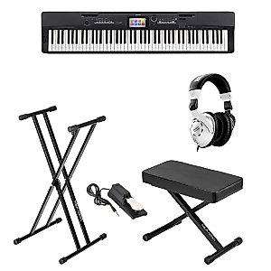 Casio Privia PX-360 Digital Piano with 5.3in Color Touchscreen Display, 128 Polyphony, 550 Built-in Tones - Bundle With On-Stage KPK6520 Keyboard Stand/Bench Pack, Behringer HPS3000 Headphones, Cloth