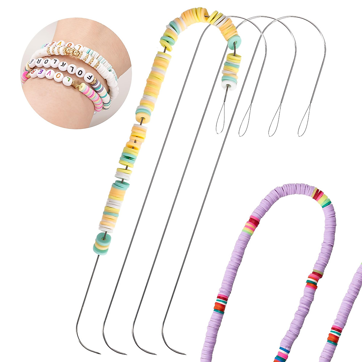 PP OPOUNT 4 Pieces Large Eye Curved Beading Needles with Handle, 5.3 inch Stainless Bead Needle for Bead Spinner Loader, Bead Spinner Needles for String Seed Beads Jewelry Making (Patent Protection)