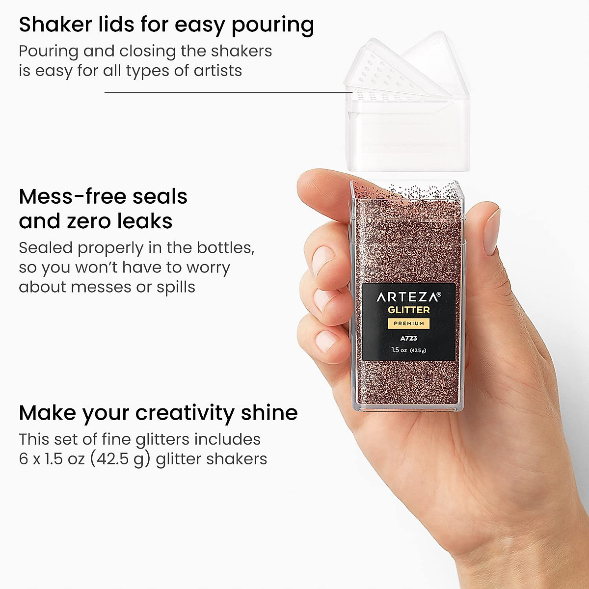 Arteza Fine Glitter, Set of 6, Metallic Glitter for Resin in 1.5-oz Bottles, Arts and Crafts Supplies for Art Class, After-School Programs, and Holiday Craft Projects