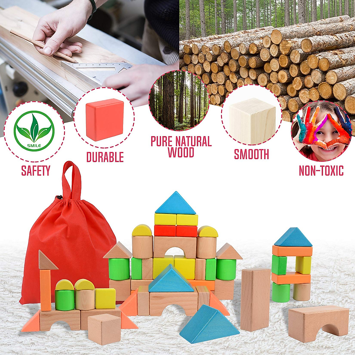 Large Wooden Building Blocks Set - Educational Preschool Learning Toys with Carrying Bag, Toddler Blocks Toys for 3+ Year Old Boy and Girl Gifts