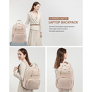 LOVEVOOK Laptop Backpack for Women, Large Capacity Travel Backpack with Luggage Strap, Stylish Women Backpack with USB Port, Waterproof Quilted Work Backpack for College Business 15.6 Inch, Beige